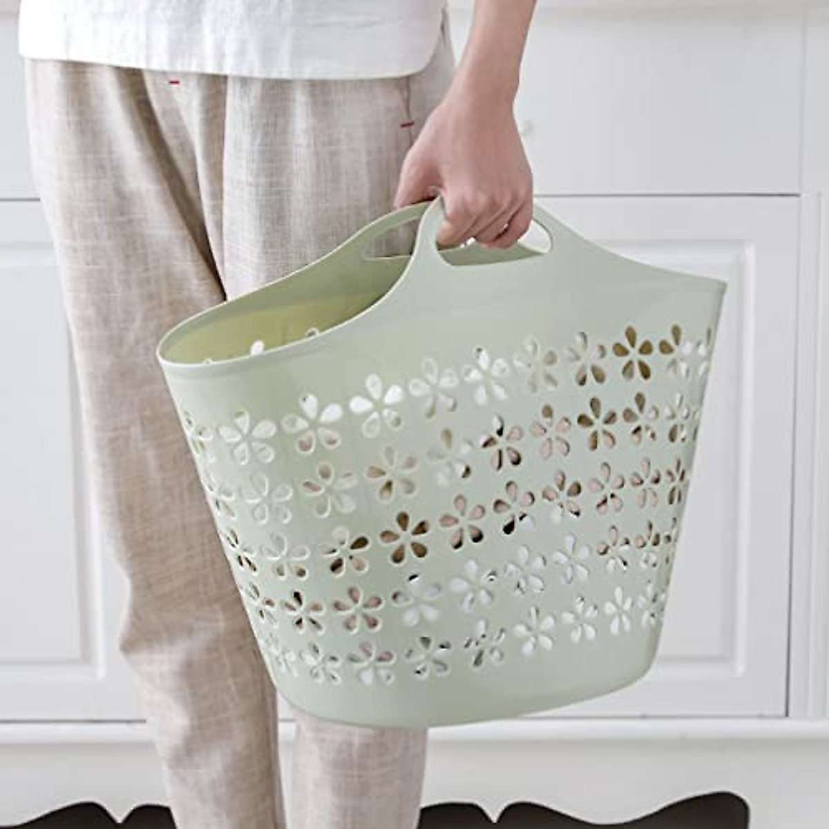 TOPBATHY Portable Plastic Laundry Storage Basket Household Clothes Toy Laundry Basket (Green, Large Size)
