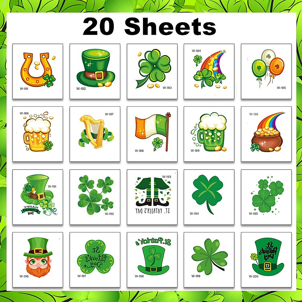 Mocossmy St Patrick's Day Temporary Tattoos for Kids,20 Sheets Irish Shamrock Clover Flag Pots of Gold Tattoos Face Body Stickers for St Patrick's Day Spring Parade Party Favor Supplies Decoration
