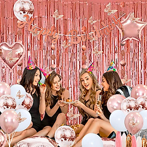 Rose Gold Birthday Party Decorations Kit for Women 73 Pieces, Happy Birthday Banner, Fringe Curtains, Butterfly Decor, Foil Balloons for 13th 16th 20th 21st 30th 35th 50th 60th Girls Men Party Supplies