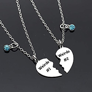 Maxforever Friendship Gift, Weirdo 1 Weirdo 2 Split Heart Stainless Steel Pendant Necklaces BFF Gift for Best Friend (Blue Crystal)