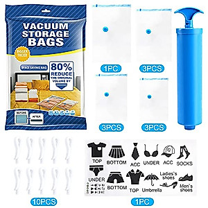 10 Pack Vacuum Storage Bags Double-Zip Seal - 80% More Space Saver Bags for Clothes, Blankets, Pillows - Vacuum Bags with Hand-Pump for Travel (1 Jumbo, 3 Large, 3 Medium, 3 Small)