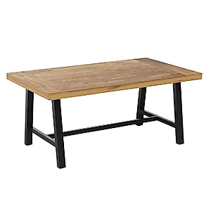 Flash Furniture Rafe Commercial Grade Acacia Wood Dining Table with Metal Base, Indoor/Outdoor Rectangle Patio Table with Plank Style Table Top, Natural/Black