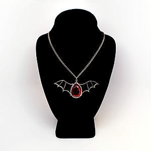 Gothic Black Bat Wings and Blood Red Stone Pewter Pendant Necklace