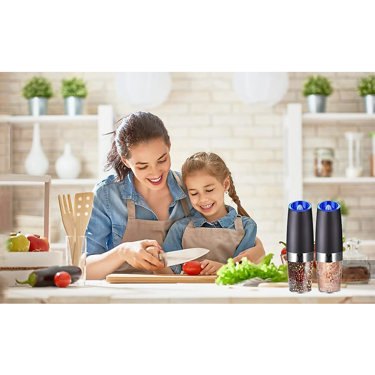 YAYAYOUNG Gravity Electric Grinder set of 2,Automatic Pepper and Salt Mill Grinder with Blue LED LIGHT,Electric Pepper Mill with Adjustable Coarseness,Refillable,salt and pepper shaker,pepper grinder