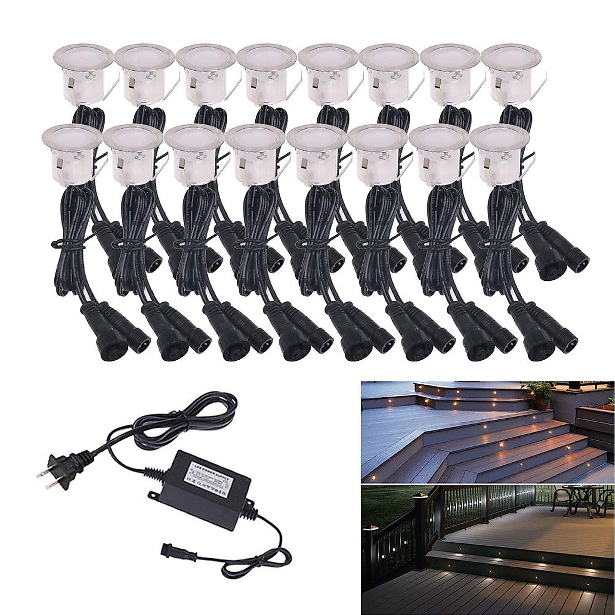 XUNATA Pack of 16 Recessed LED Deck Light Kits, In Ground Outdoor LED Landscape Lighting IP67 Waterproof, 12V Low Voltage for Garden Yard Steps Stair Patio Floor Kitchen Decoration(Natural White)