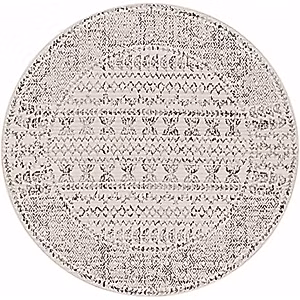 BoutiqueRugs Greig Farmhouse Moroccan Geometric Area Rug - Boho Aztec Tribal Carpet for Living Room - Black, Charcoal, Light Gray - 7'10" Round Rug
