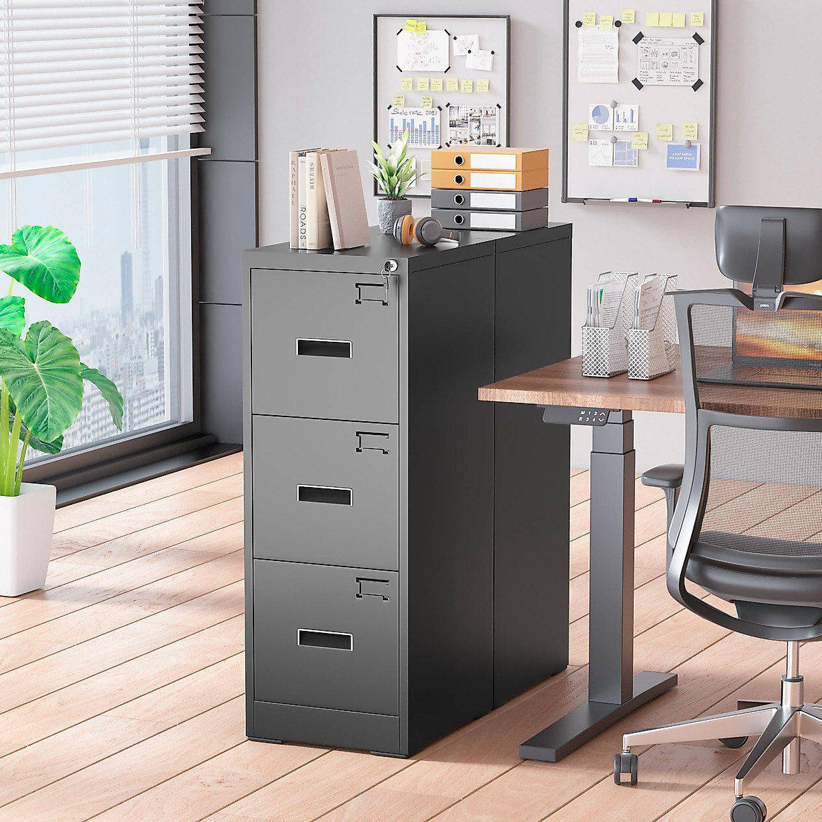 Greenvelly 3 Drawer File Cabinet with Lock, Metal Filing Cabinet for Home Office, Locking Vertical File Cabinet, 18" D File Cabinet for Home Office, Easy Assemble (Black)