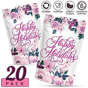 Resealable Standup Bags. Happy Holidays 20 Pk – Airtight, Waterproof, Zip Lock Seal and/or Heat Seal - Opaque Foil Pouch - Food Grade Bags For long shelf-life Storage (4x6, flowery)
