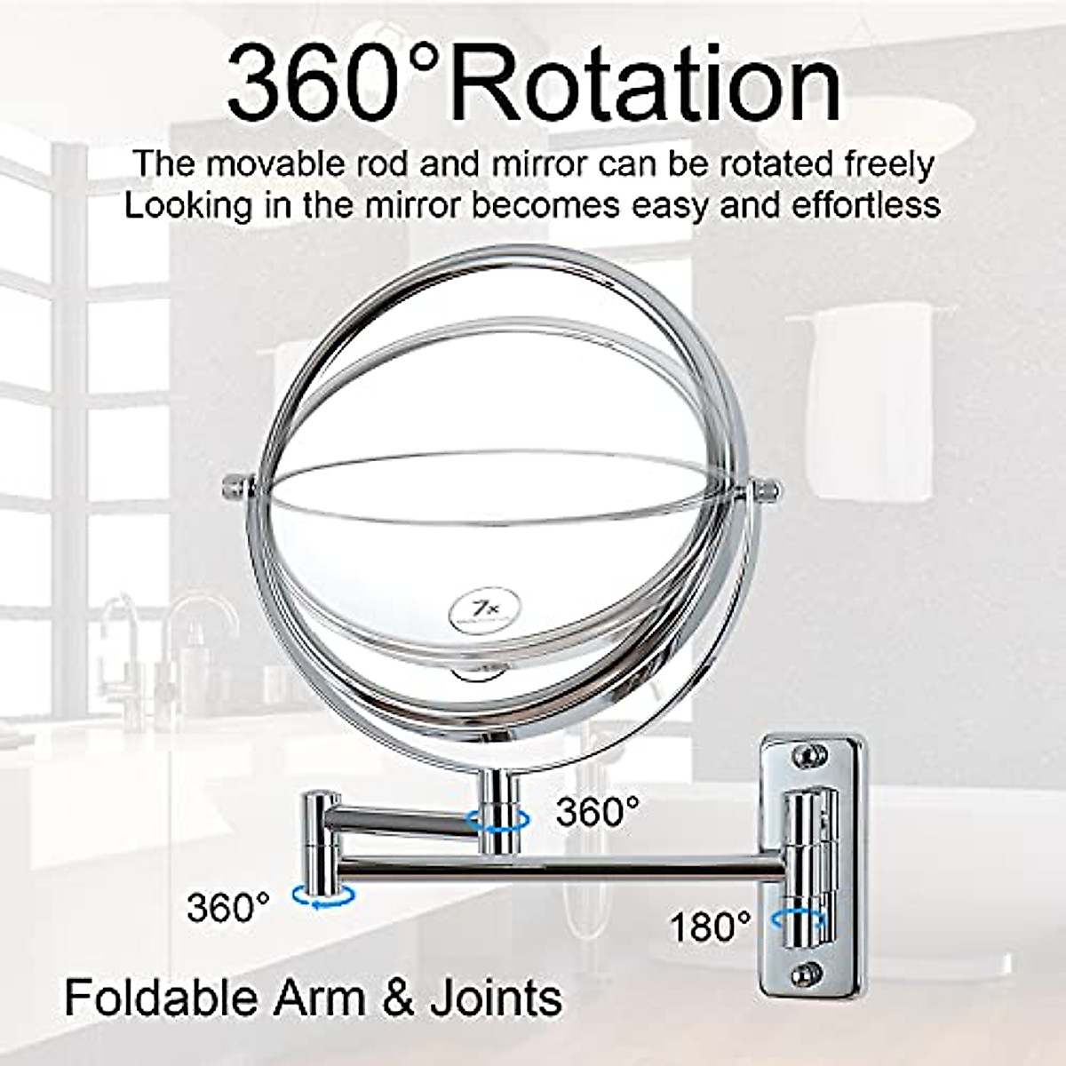 Lansi Wall Mounted Makeup Mirror, 7x/1x Double-Sided Magnifying Mirror, 360° Extendable Arm Wall Mirror, 8 inch Bathroom Mirror for Makeup or Shaving Chrome Finish