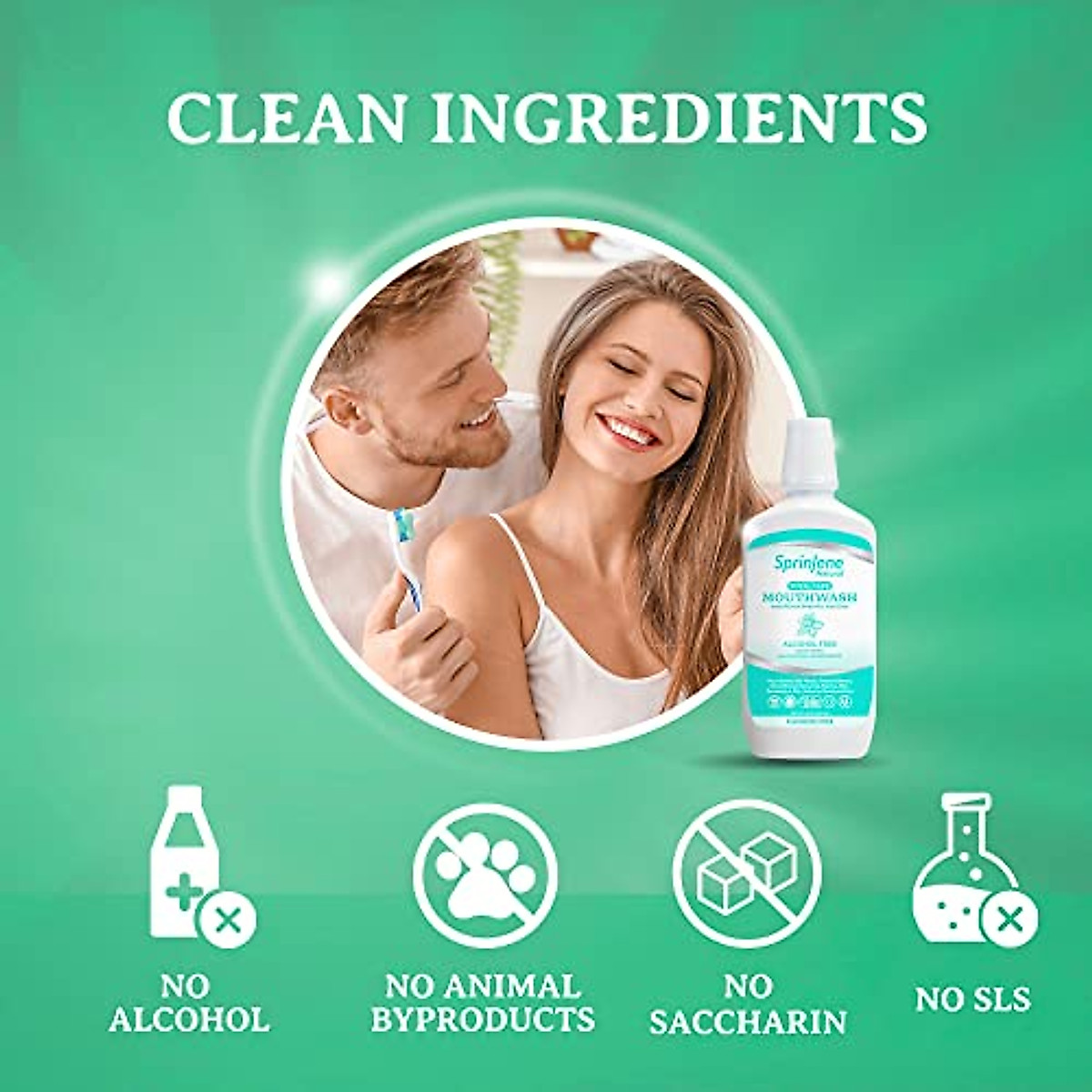 Sprinjene Fluoride Free Mouthwash Alcohol Free for Fresh Breath, Gum Health, Dry Mouth & Whitening Teeth with Black Seed Oil & Zinc - SLS Free, Toxic Free Vegan, Gluten Free, Kosher, Halal (Natural)