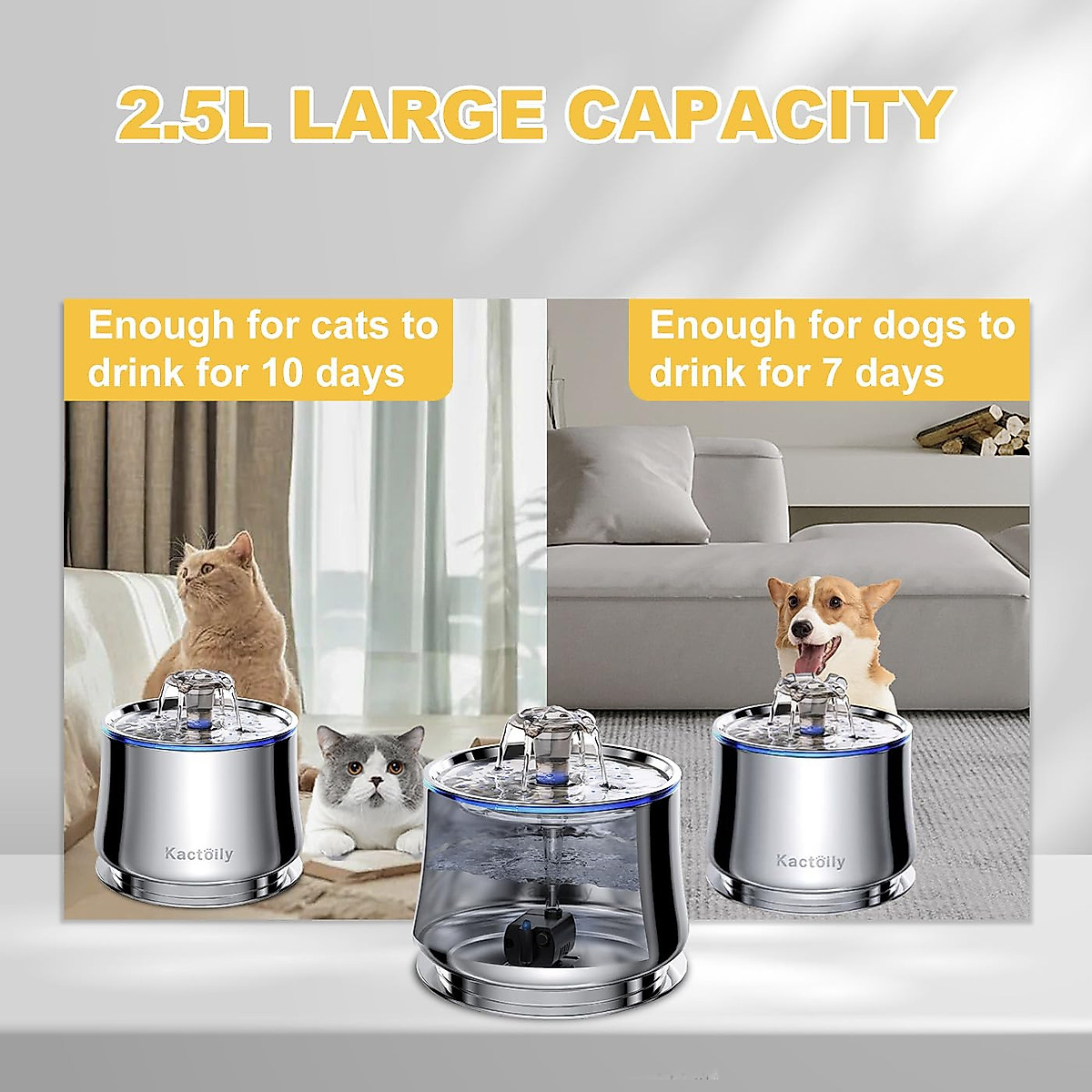 Kactoily Cat Water Fountain Stainless Steel, 2.5L/84oz Automatic Pet Water Fountain Ultra-Quiet Pump and 2 Filters, Cat Fountain for Drinking with LED Light, BPA-Free