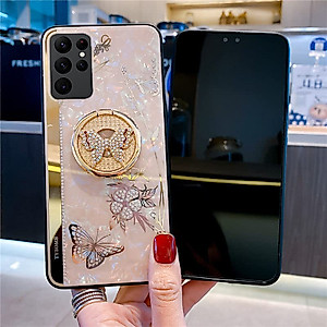 Topwin Kickstand Case, Cute Marble Conch Shell Floral Butterfly with Ring Stand Elegant Shockproof Protective Cover for Girls Women for Samsung Galaxy S22 Plus (Rose Gold)