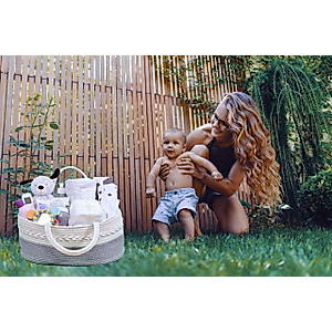 Baby Diaper Caddy Organizer | with Waterproof Changing Pad | 100% Cotton Rope Woven Basket | Portable Nursery Storage | for Boys and Girls | Travel Car Bin | 6 Inner Pockets | Removable Inserts