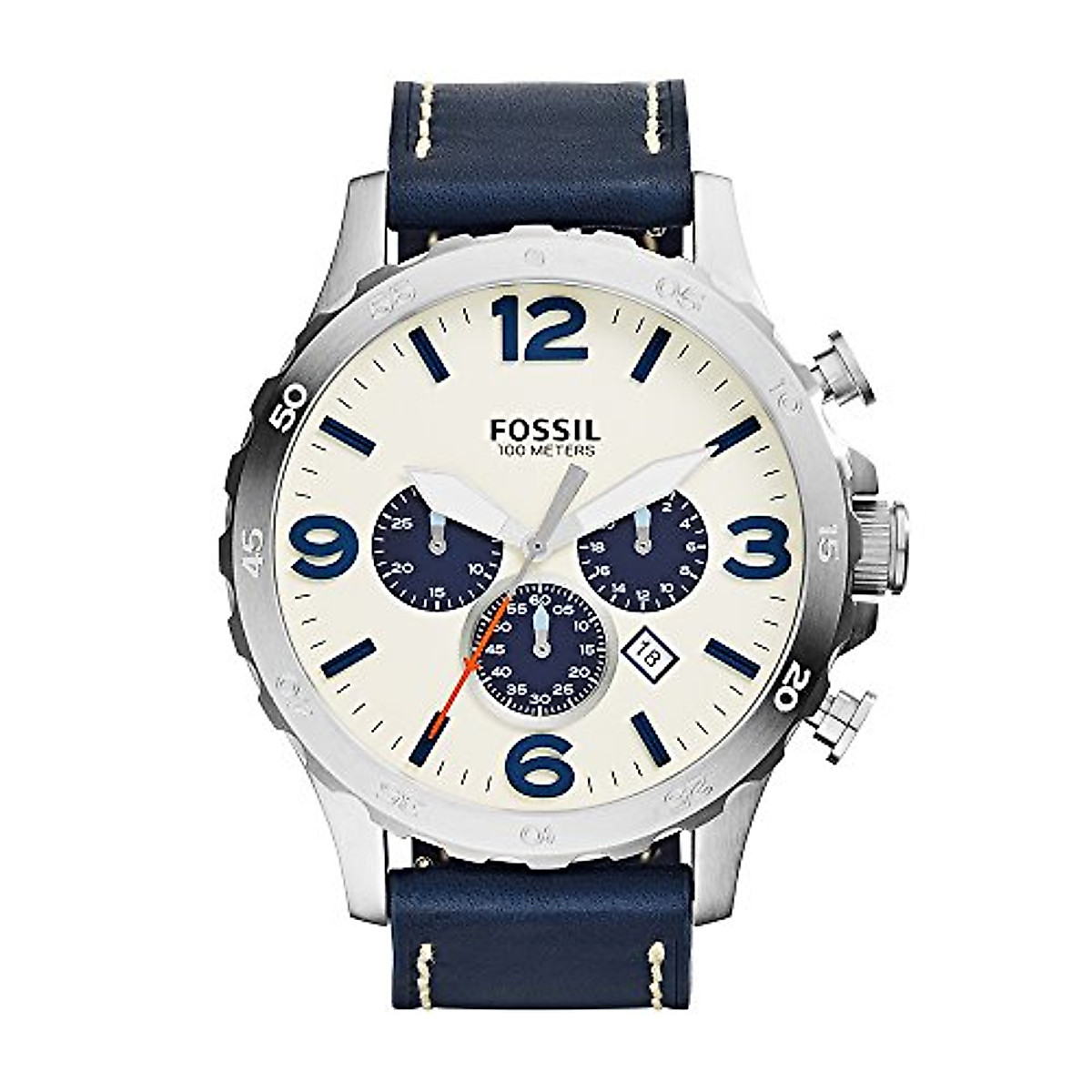 Fossil Men's JR1480 Nate Stainless Steel Chronograph Watch with Navy Leather Band