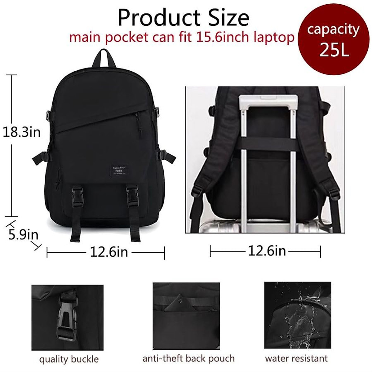 Sqodok Backpack for Teen Boy Girls, Cute Casual Backpack with USB Charging Port, Lightweight Bookbag 15.6'' Laptop Backpack for Middle School High School, Travel Back Pack with Pencil Case, Black