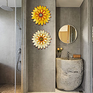 Juegoal 2 Pack 16" Large Metal Flowers Wall Art Inspirational Daisy Wall Decor Sunflower Hanging for Indoor Outdoor Home Bedroom Living Room Office Garden, White & Yellow