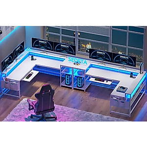 SEDETA L Shaped Gaming Desk, Reversible Home Office Desk or Corner Desk, Gaming Desk with Power Outlets & LED Strip, Monitor Shelf, Keyboard Tray, Pegboard and Storage Shelves, White