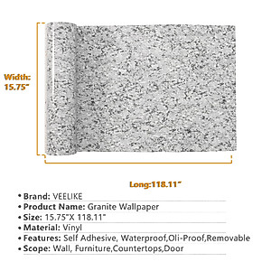 VEELIKE 15.7''x118'' Granite Contact Paper for Countertops Waterproof Self Adhesive Grey Granite Wallpaper Peel and Stick Countertops for Kitchen Bathroom Counter Top Removable Decorative Film Vinyl