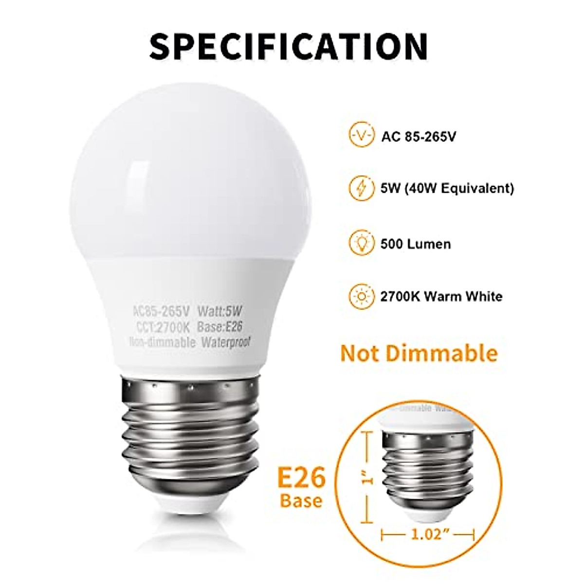 Warm White A15 Appliance Light Bulb, 40W Equivalent, 120V, 2700K, E26 Medium Base, LED Light Bulbs for Refrigerator, Fridge, Freezer, Stove Hood, Range Hood, Waterproof, Shatterproof, Not Dimmable