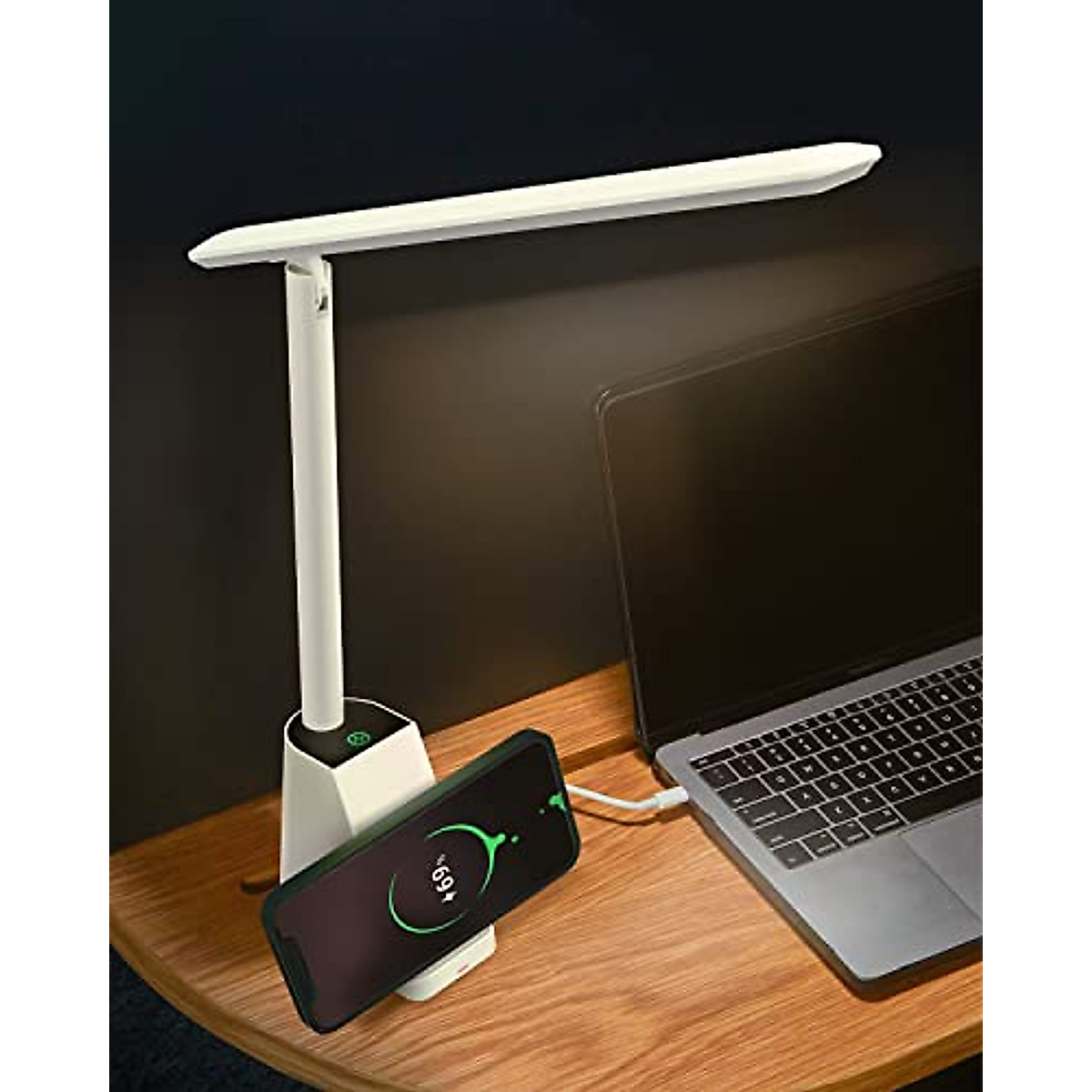 seebest Rechargeable Desk Lamp with 15W Fast Wireless Charger, USB Charging Port, Table Lamp for Home Office, Touch Control Eye-Caring Stepless Dimming, Foldable Little Lamp, for Reading Work