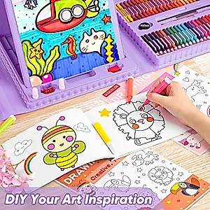 Soucolor Art Supplies, 283 Pieces Drawing Set Art Kits with Trifold Easel, 2 Drawing Pads, 1 Coloring Book, Crayons, Pastels, Arts and Crafts Gifts Case for Kids Girls Boys Teens Beginners (Purple)