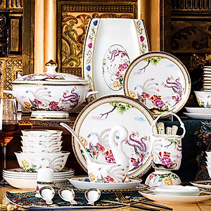 Classic Pottery Tableware,Ceramics Dinnerware Set, High-end Enamel Porcelain Soup Pot/Plate/Bowl | 50 Pieces Bone China Dinner Sets for Family Gathering and Wedding Gifts