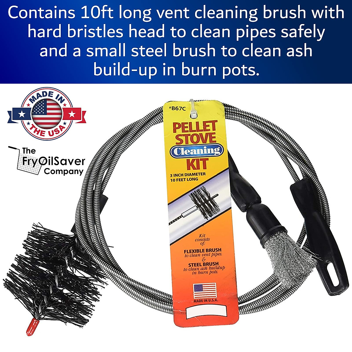 Pellet Stove & Dryer Vent Cleaner Kit, 10Ft. Flexible Long Dryer Vent Cleaner, Lint Remover, Steel Chimney Brush, Ideal Cleaning Kit for Pellet Wood Stove, Chimneys, Dryer Vent by FryOilSaver Co. B67C