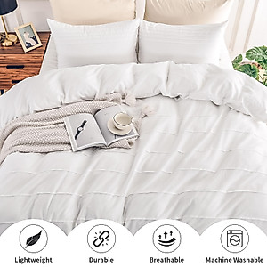 NEXHOME PRO 100% Organic Cotton Duvet Cover Queen Size, Linen Like Pleated Textured White Duvet Cover Set, 3pc Bedding Set with Zipper Closure, Soft, Lightweight and Breathable,90"x90", No Comforter