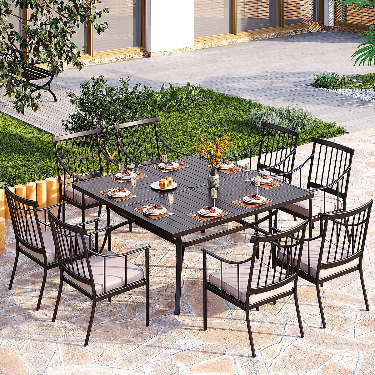 PHI VILLA 9 Pieces Outdoor Dining Table Set for 8, 60” Square Wrought Iron Dining Table & Heavy-Duty Steel Dining Chairs with Cushions, Large Dining Furniture Set for Patio, Deck, Yard, Porch