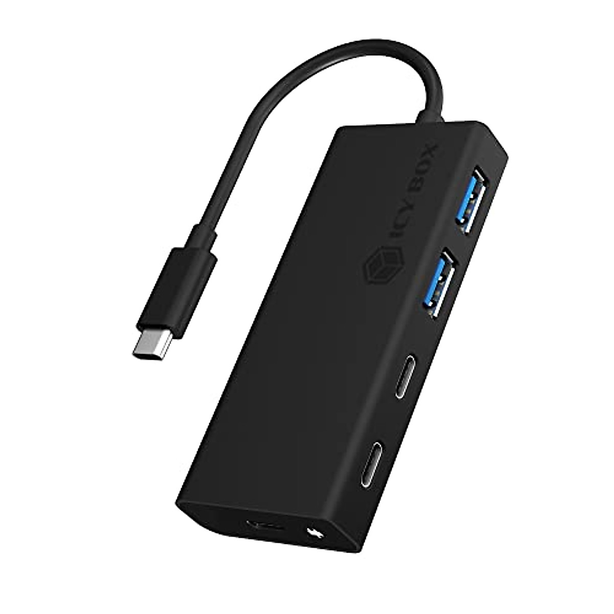 Icy Box USB Hub with USB-C Connector and Power Delivery, USB 3.0, Integrated Cable, Aluminium, PD 60 Watt, Black
