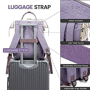 LOVEVOOK Laptop Backpack Purse for Women, Nurse Work Business Travel Backpack Bag, Wide Open Backpack, Lightweight Water Resistent Daypack with USB Charging Port, 17.3 inch, Beige-Light purple