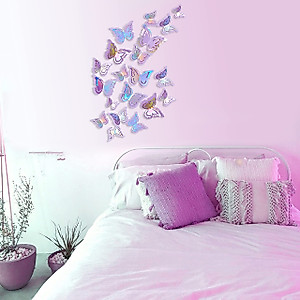 pinkblume Iridescent Purple Butterfly Decorations Stickers Lavender 3D Butterfies Wall Art Removable Wall Decals for Mermaid Pastel Home Living Room Baby Bedroom Showcase Nursery Decor (27PCS)