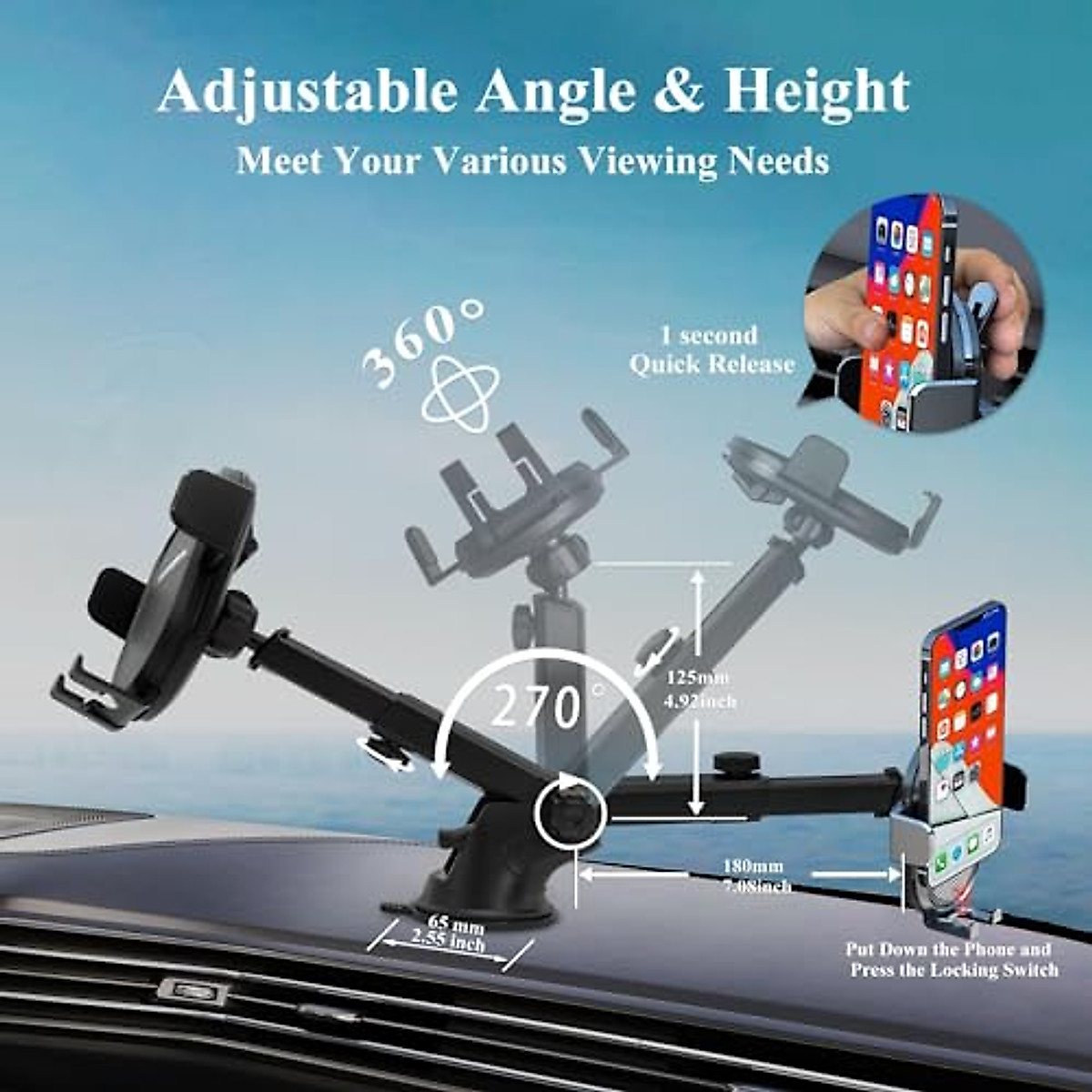 Ronnaquetta Phone Holder Car 1S Quick Release, Car Charger Voltage Display Car Phone Holder Adjustable 360 Rotation Phone Mount Cell Phone Car Mount be Applied to Dashboard or Windshield