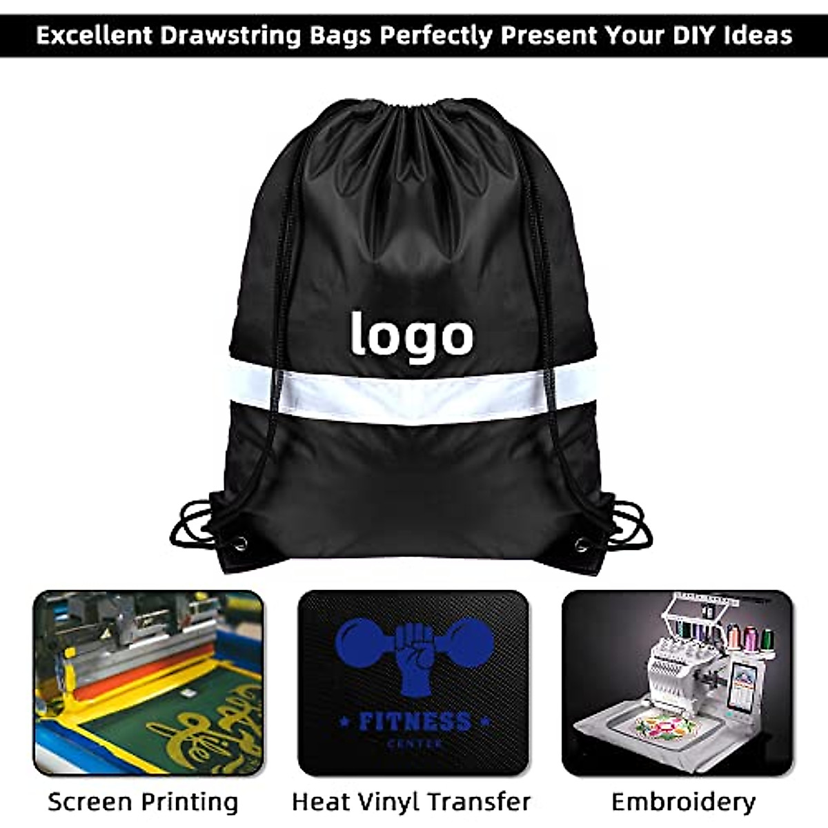 GoodtoU Draw String Sport Bag 10 Pcs Reflective Drawstring Backpack Gym Cinch Bag Black Nylon Drawstring Bag Bulk