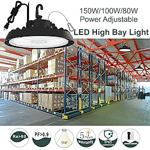 Treligate UFO Led High Bay Light 150W 200W 240W Wattage Adjustable 4000K 5000K CCT Selectable 1-10V Dimmable High Bay Lights with 5' US Plug Alternative to 650W MH/HPS for Factory Warehouse Grey