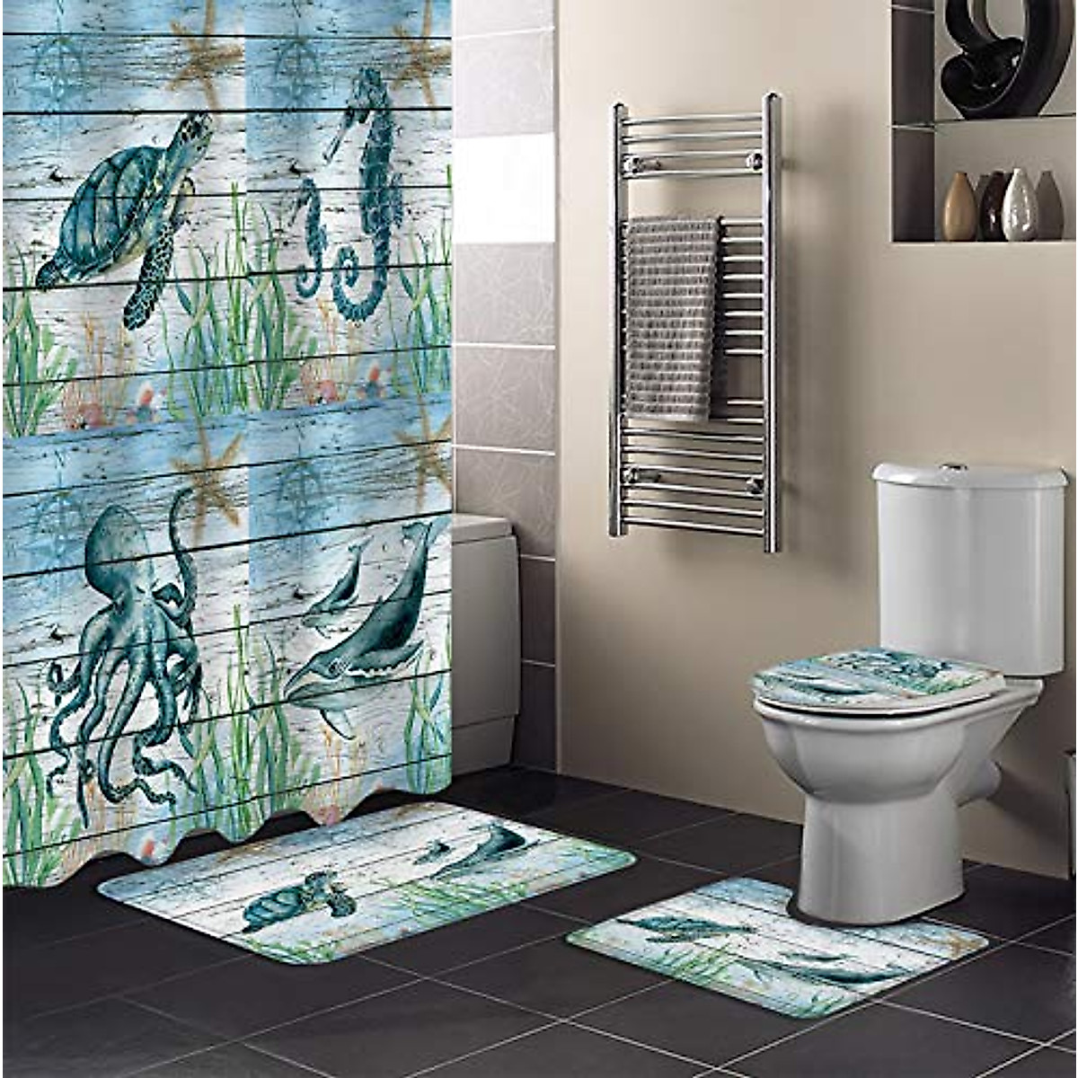 4 Pcs Shower Curtain Set with 12 Hooks Sea Turtle Octopus Whale Wood Grain Bathroom Sets with Non-Slip Bath Mat Toilet Lid Cover Waterproof Durable Shower Curtain and Rugs