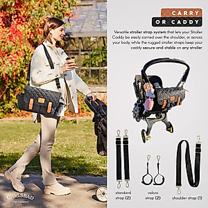 Carlsbad Linen Company Stylish Black Quilted Nylon Universal Stroller Caddy Organizer Cup Holder and Insulated Bottle Pouch 3 Strap Options Included Loose Fit Stable Velcro And Over the Shoulder