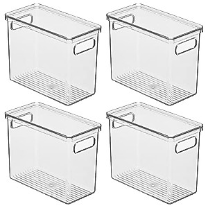 mDesign Slim Plastic Stackable Kitchen Cabinet Storage Bin Box, Handles and Lid - Fridge, Cabinet, Counter Organizer for Snacks, Food, Drinks, or Supplies, Ligne Collection, 4 Pack, Clear