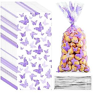 100 Pieces Butterflies Cellophane Goody Bags Plastic Butterfly Candy Bag Butterfly Treat Bags with 100 Pieces Silver Twist Ties for Butterfly Theme Baby Shower Birthday Party Dessert Decors (Purple)