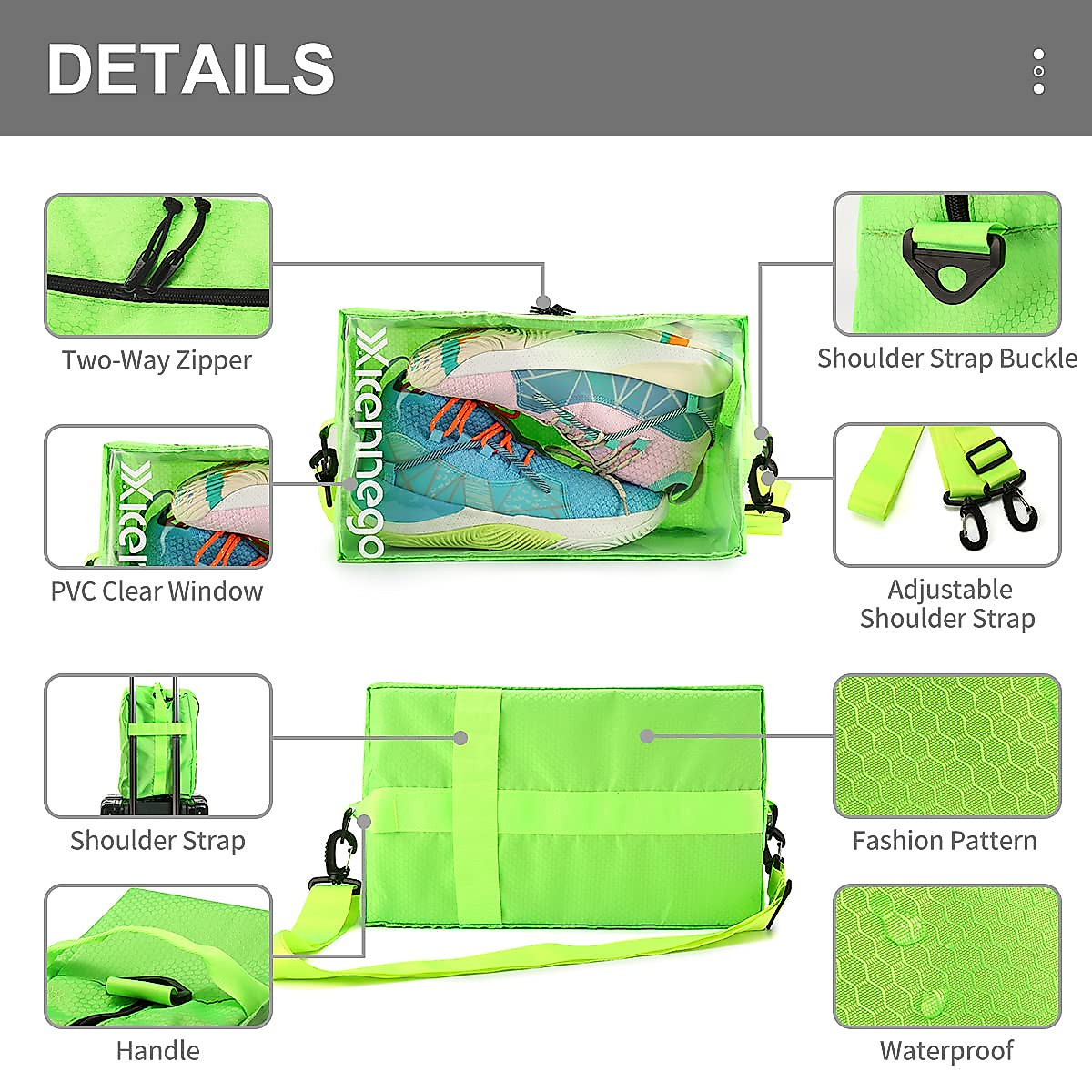 Xicennego Portable Basketball Shoe Bag with zipper - Sneaker Storage Bag - Shoe Box Bags - Foldable Waterproof Shoe Puches Organizer(Fluorescent green)