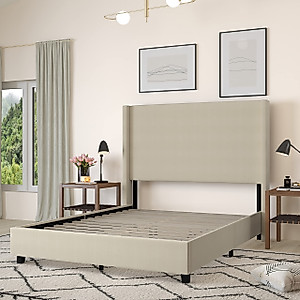 Merrick Lane Bramlett Modern Platform Bed - Beige Faux Linen - Queen - Padded Wingback Headboard - 3" Floor Clearance - Wood Support Slats - No Box Spring Needed