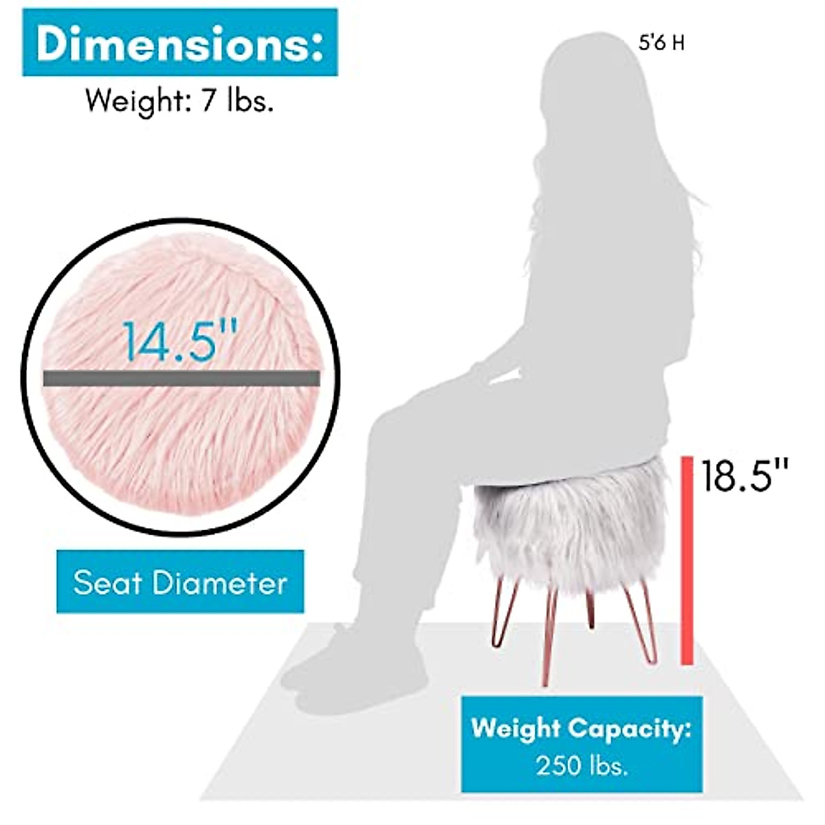 BIRDROCK HOME White Faux Fur Vanity Stool Chair - Soft Furry Compact Padded Seat - Vanity, Living Room, Bedroom and Kids Room Chairs - Hair Pin Metal Legs Upholstered Decorative Furniture Foot Rest