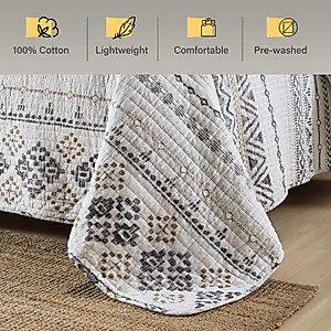 SahSahCasa Quilt King Size, Set, 100% Cotton Boho Quilt, Bedding Set Bedspreads, Bohemian Reversible Lightweight Striped Quilts Bedspread for All Season, White/Grey, 3 Pieces