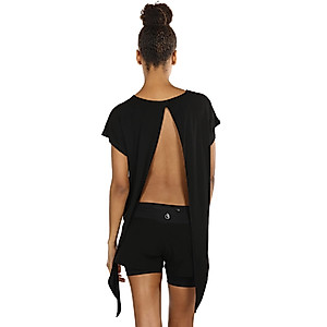 icyzone Open Back Workout Tops for Women - Athletic Activewear T-Shirts Exercise Yoga Shirts (Black/Pink Lychee, M)