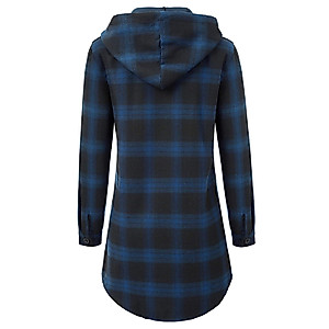 GRACE KARIN Womens's Long Sleeve Plaid Shirts Flannels Cotton Check Hooded Shirt S Blue