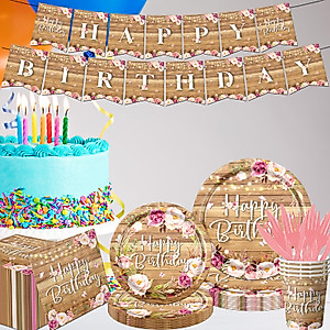 142Pcs Floral Birthday Party Plates Wood Grain Flower Tableware Set for Girls Kids Bridal Shower Party Supplies Rustic Wooden Birthday Paper Plates Napkins Forks Decorations for 20 Guests