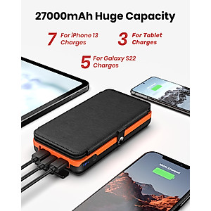 FEELLE Solar Charger 27000mAh, 22.5W Fast Charging Solar Power Bank 4 Solar Panels Portable Phone Charger PD QC 4.0 USB C External Battery Pack for iPhone Samaung iPad Outdoor
