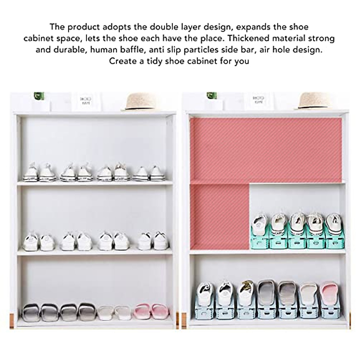 Jeanoko Shoe Stacker, Adjustable Shoe Rack Innovative Double Layer Storage Shoe Holder Space Saving Shoes Bracket Shoe Slots Space Saver for Home Dormitory(Green)