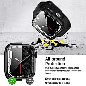 Goton 2 in 1 Waterproof Case for Apple Watch Series 8 & Series 7 45mm Screen Protector, 360 Protective Glass Face Cover Hard PC Bumper + Back Frame for iWatch 8/7 Accessories 45 mm, Black