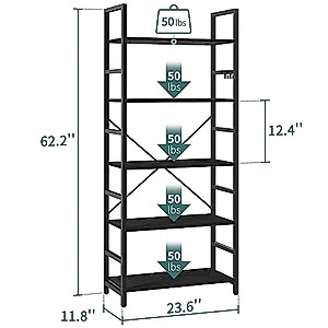 Yoobure 5 Tier Bookshelf - Tall Book Shelf Modern Bookcase for CDs/Movies/Books, Rustic Book Case Industrial Bookshelves Book Storage Organizer for Bedroom Home Office Living Room Black